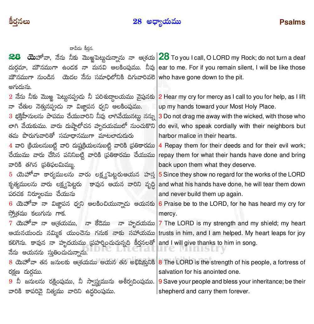 Bible Literature Ministry Telugu English Bible Psalms Chapter 28